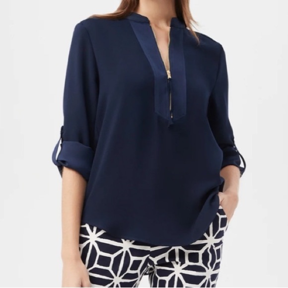 Trina Turk | Tops | Trina Turk Navy Blue Kaiko Zip Chest Tunic Top New ...